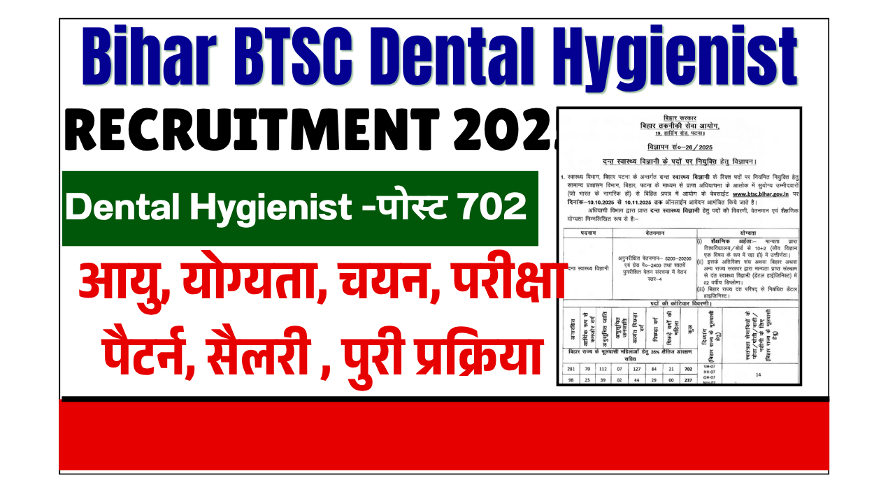 Bihar BTSC Dental Hygienist vacancy 2025- 702 पदों पर भर्ती शुरू योग्यता, आयु सीमा, आवेदन कैसे ...